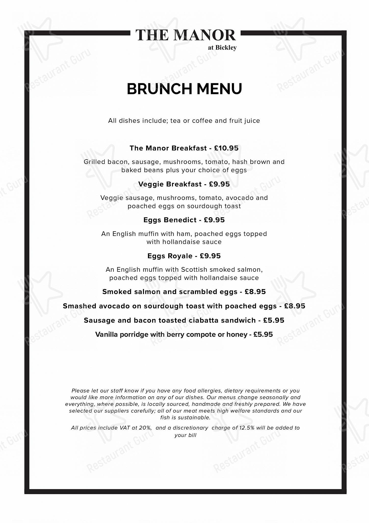 Menu at The Manor at Bickley restaurant, Bromley