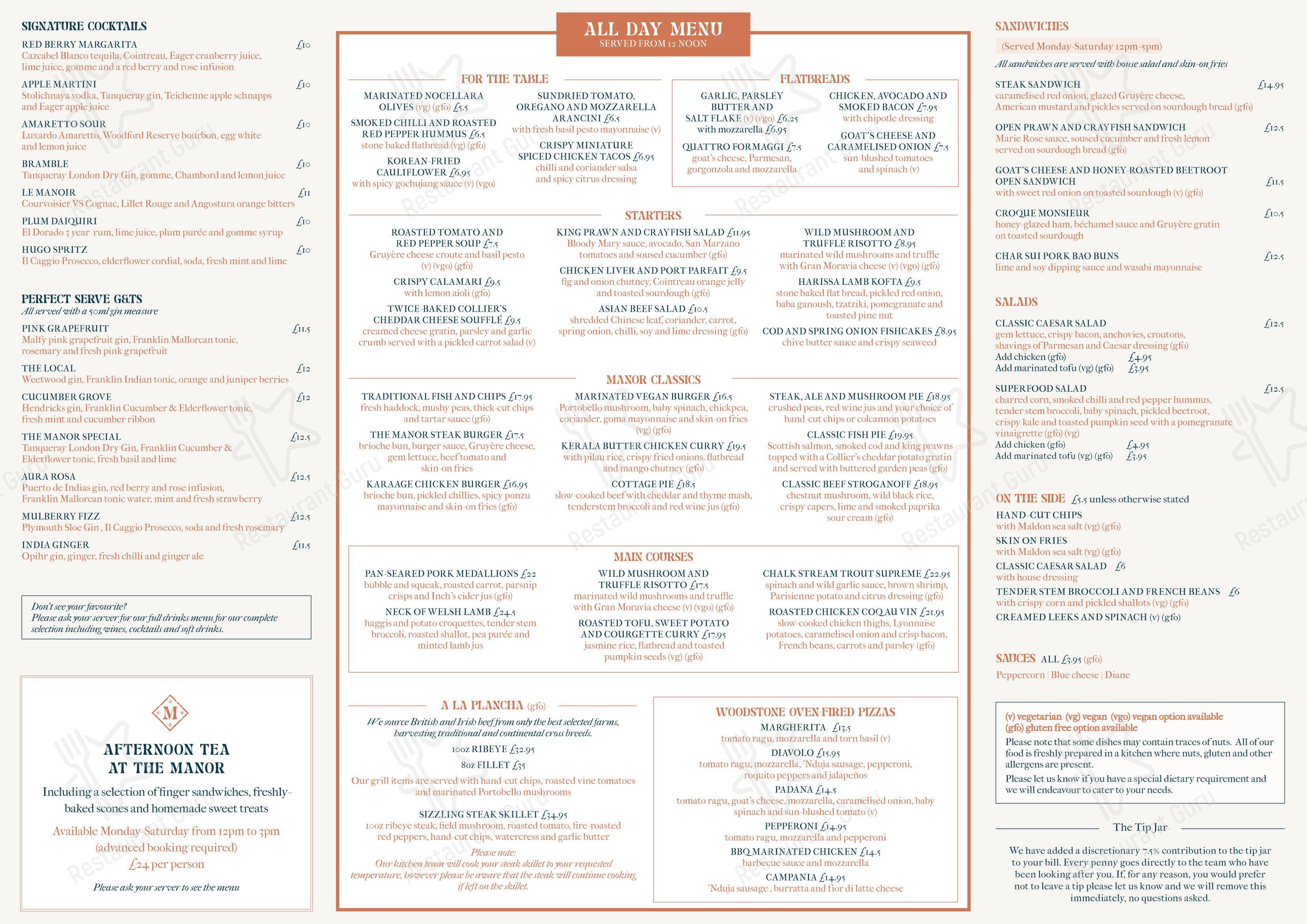 Menu at The Manor restaurant, Greasby