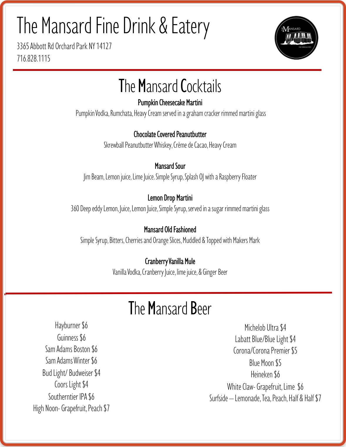 Menu at The Mansard restaurant, Orchard Park
