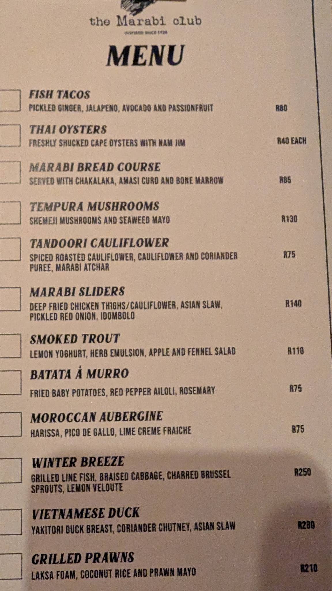 Menu at The Marabi Club, Johannesburg