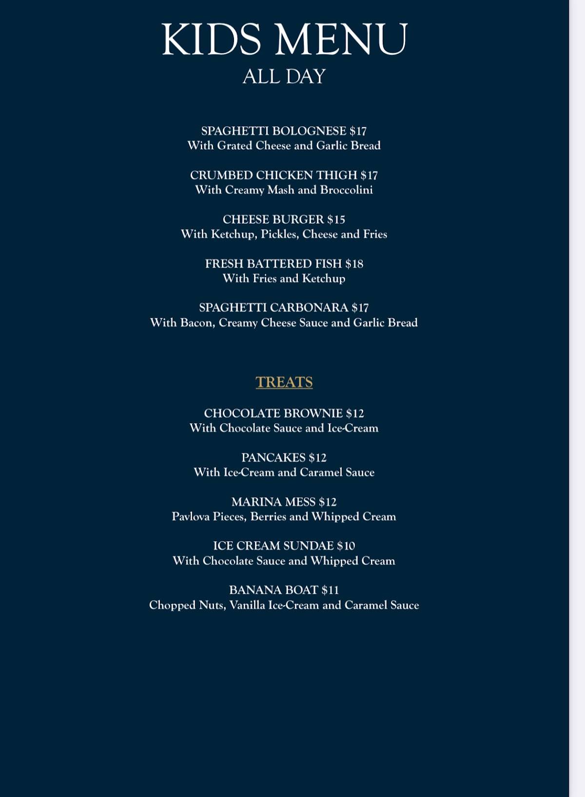 Menu at The Marina Cafe and Restaurant, One Tree Point