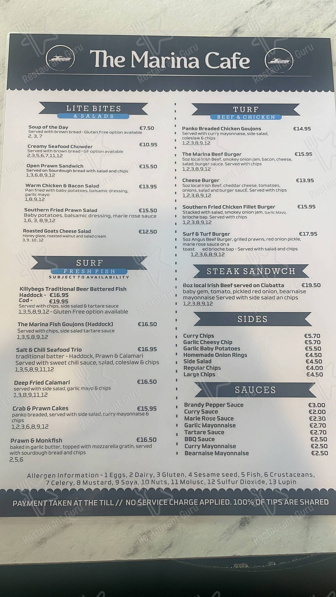 Menu at The Marina Cafe, Killybegs