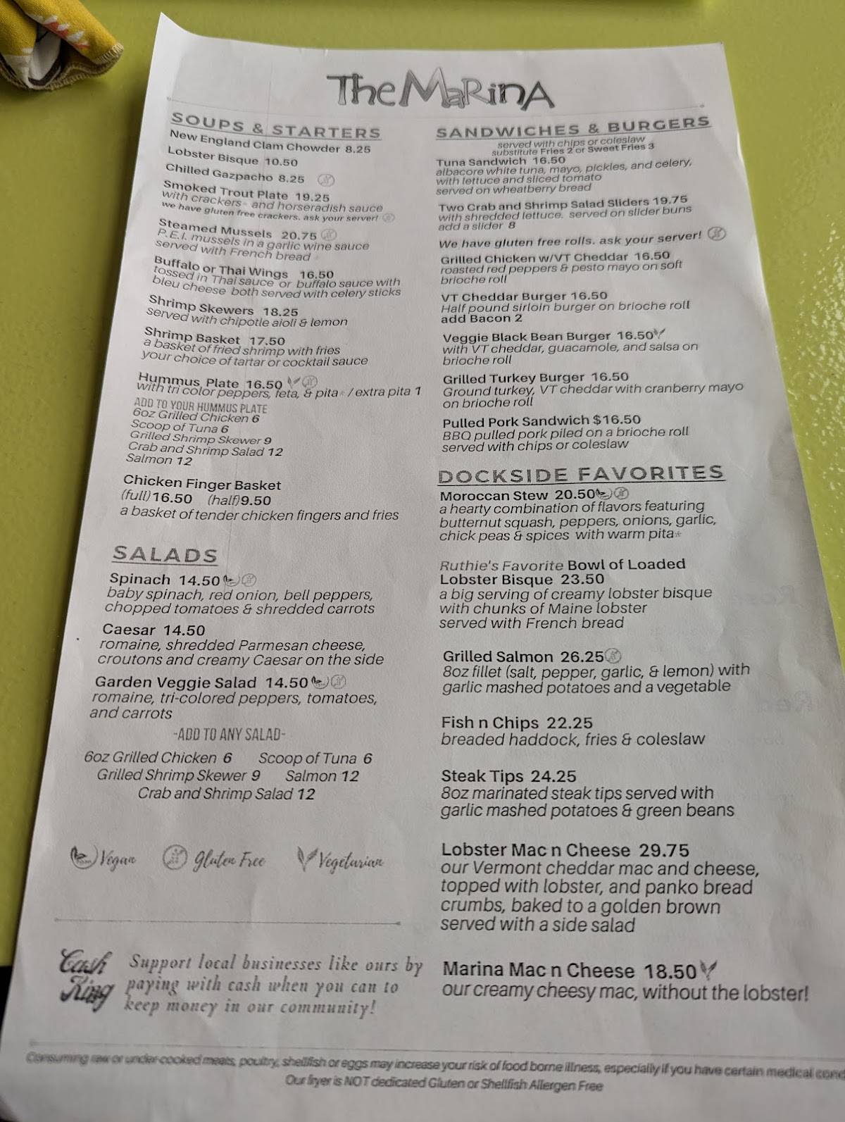 Menu at The Marina restaurant, Brattleboro