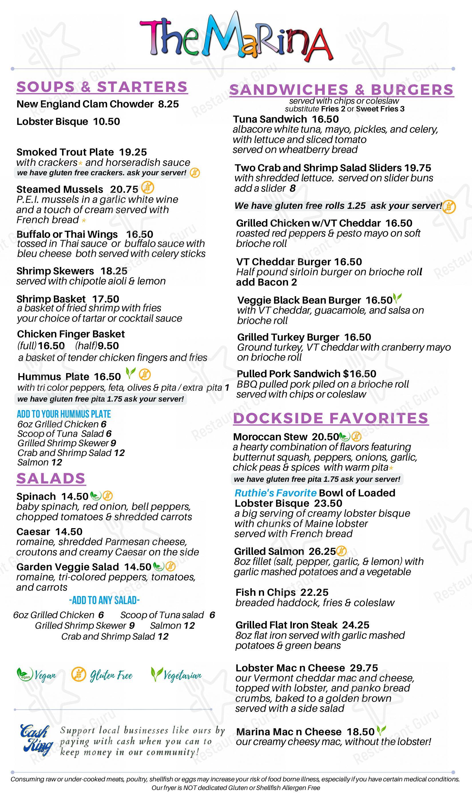 Menu at The Marina restaurant, Brattleboro