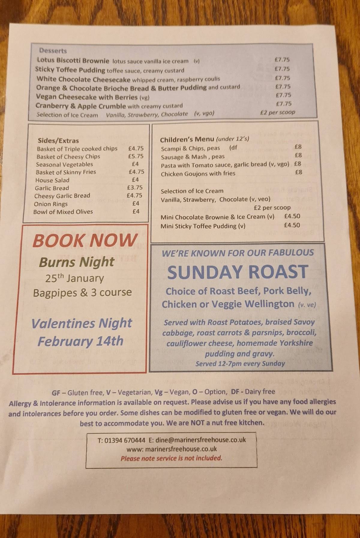 Menu at The Mariners Freehouse pub & bar, Felixstowe