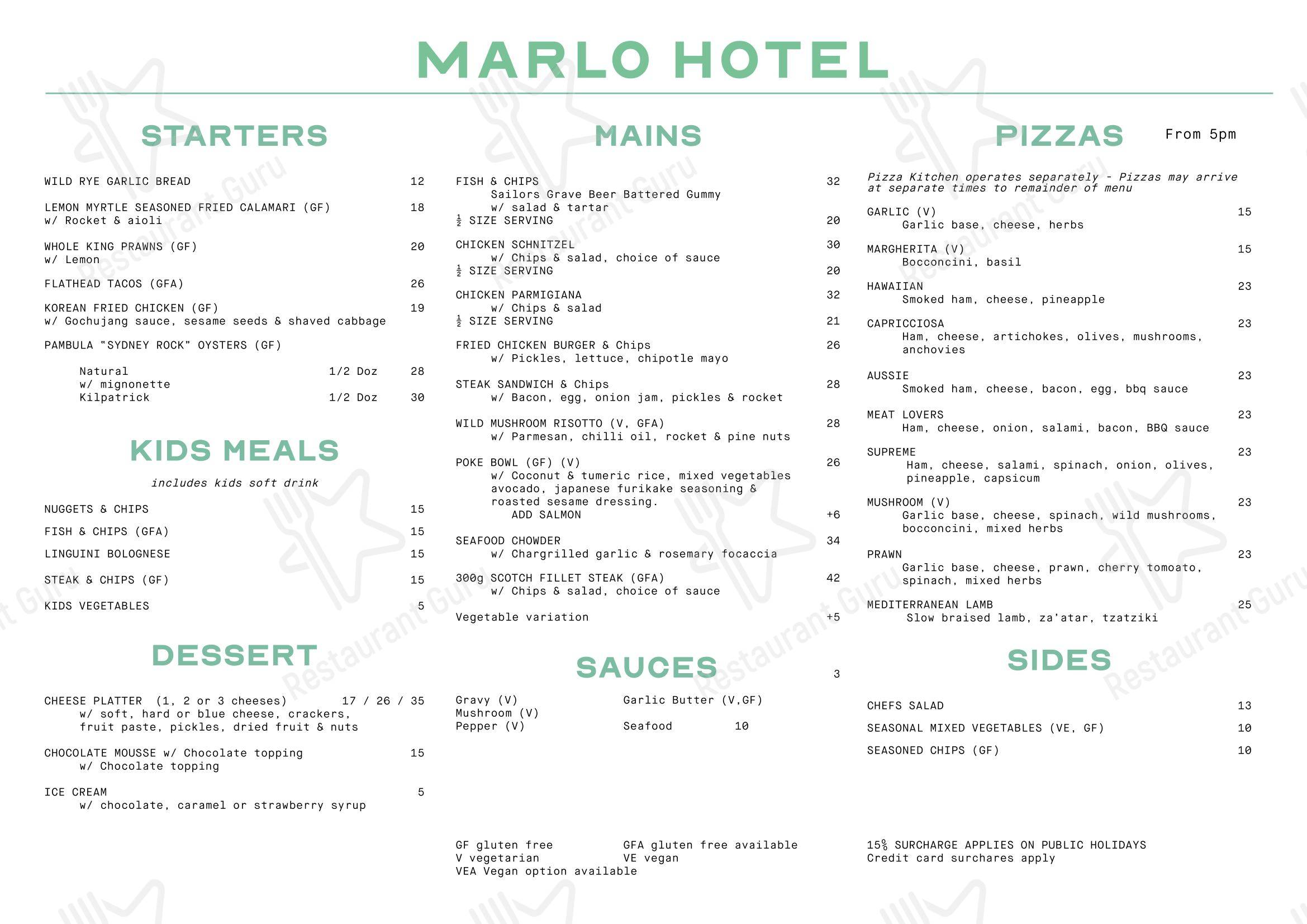 Menu at The Marlo Hotel pub & bar, Marlo