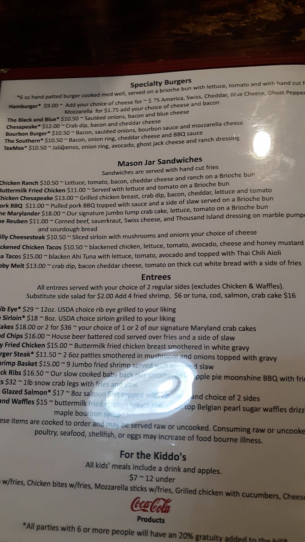 Menu at The Mason Jar pub & bar, Hillsville