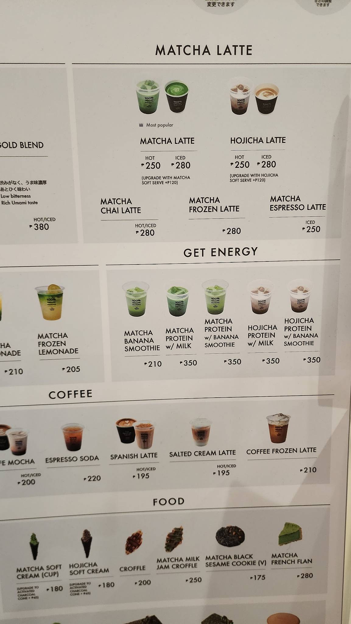 Menu at The Matcha Tokyo Mitsukoshi cafe, Taguig