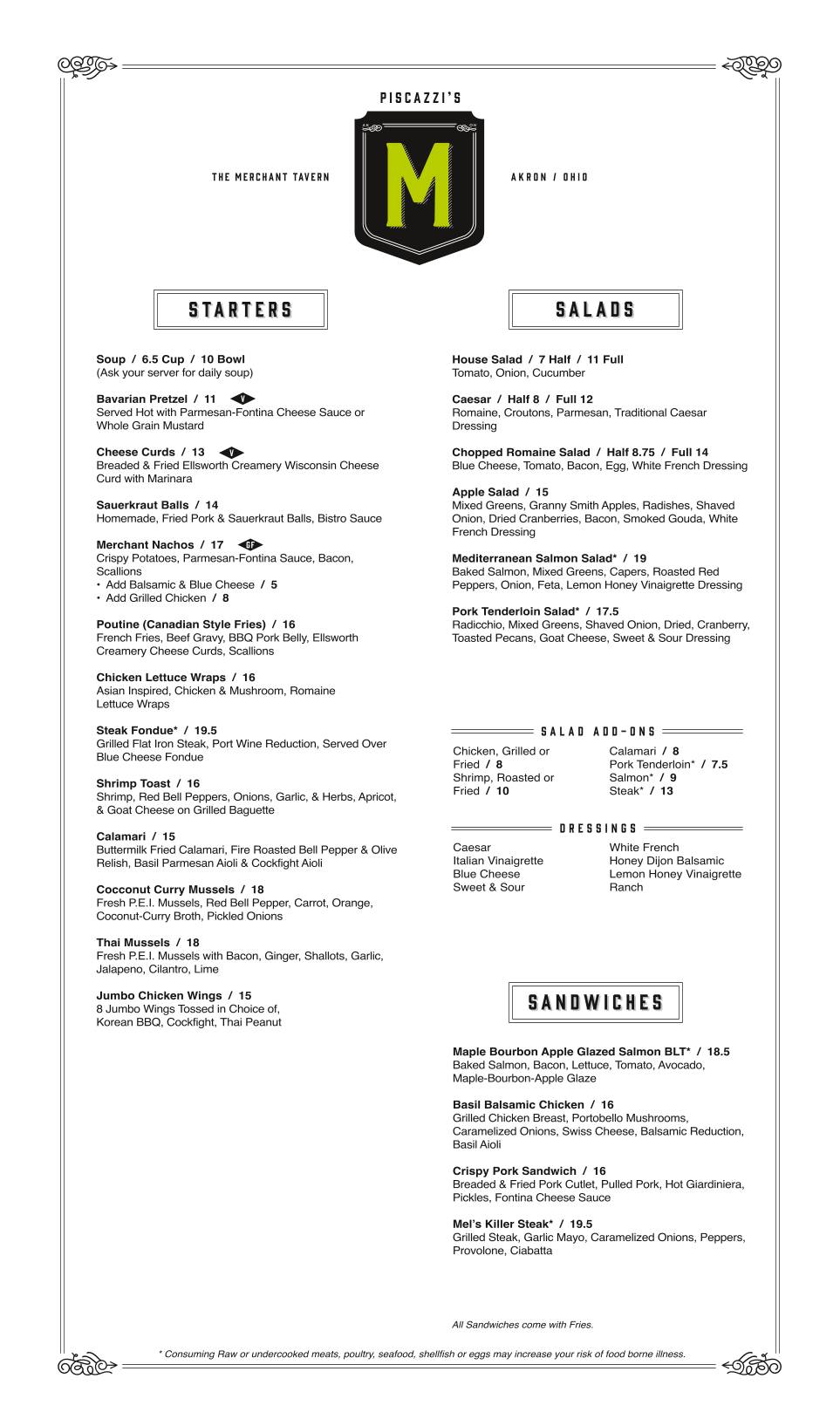 Menu at The Merchant Tavern restaurant, Akron