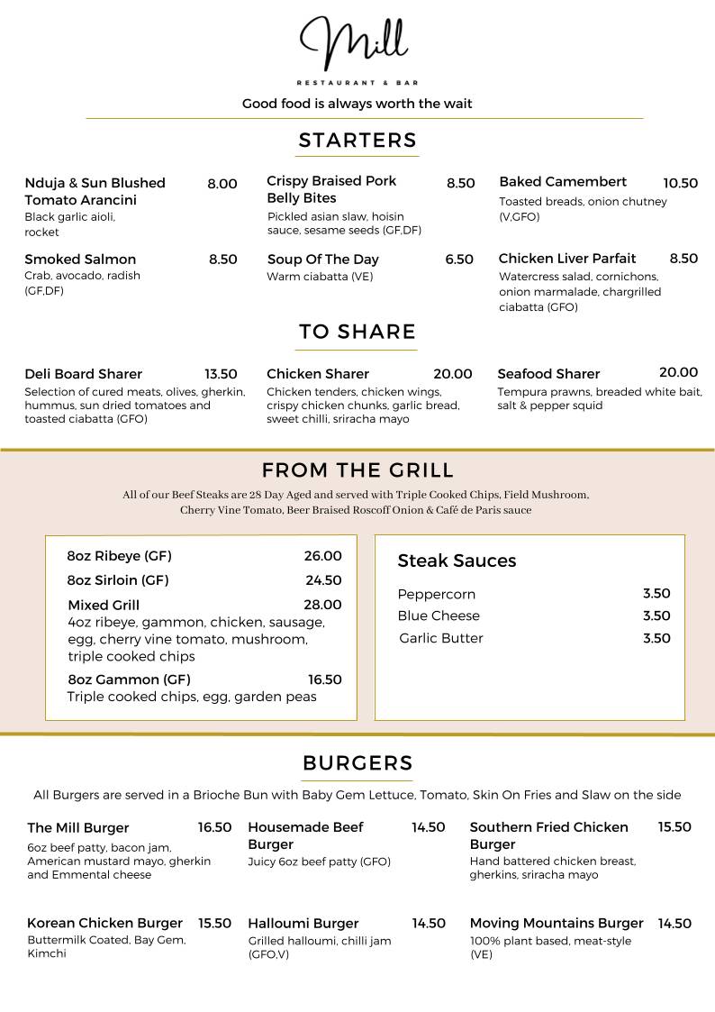 Menu at The Mill restaurant, Stowmarket, Station Rd E