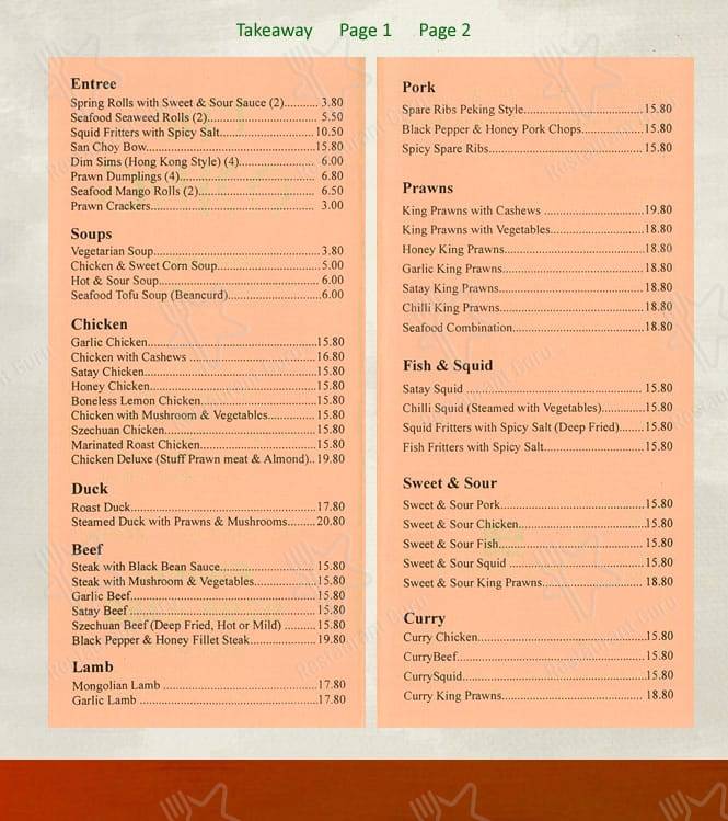 Menu at The Ming Restaurant, Mundaring