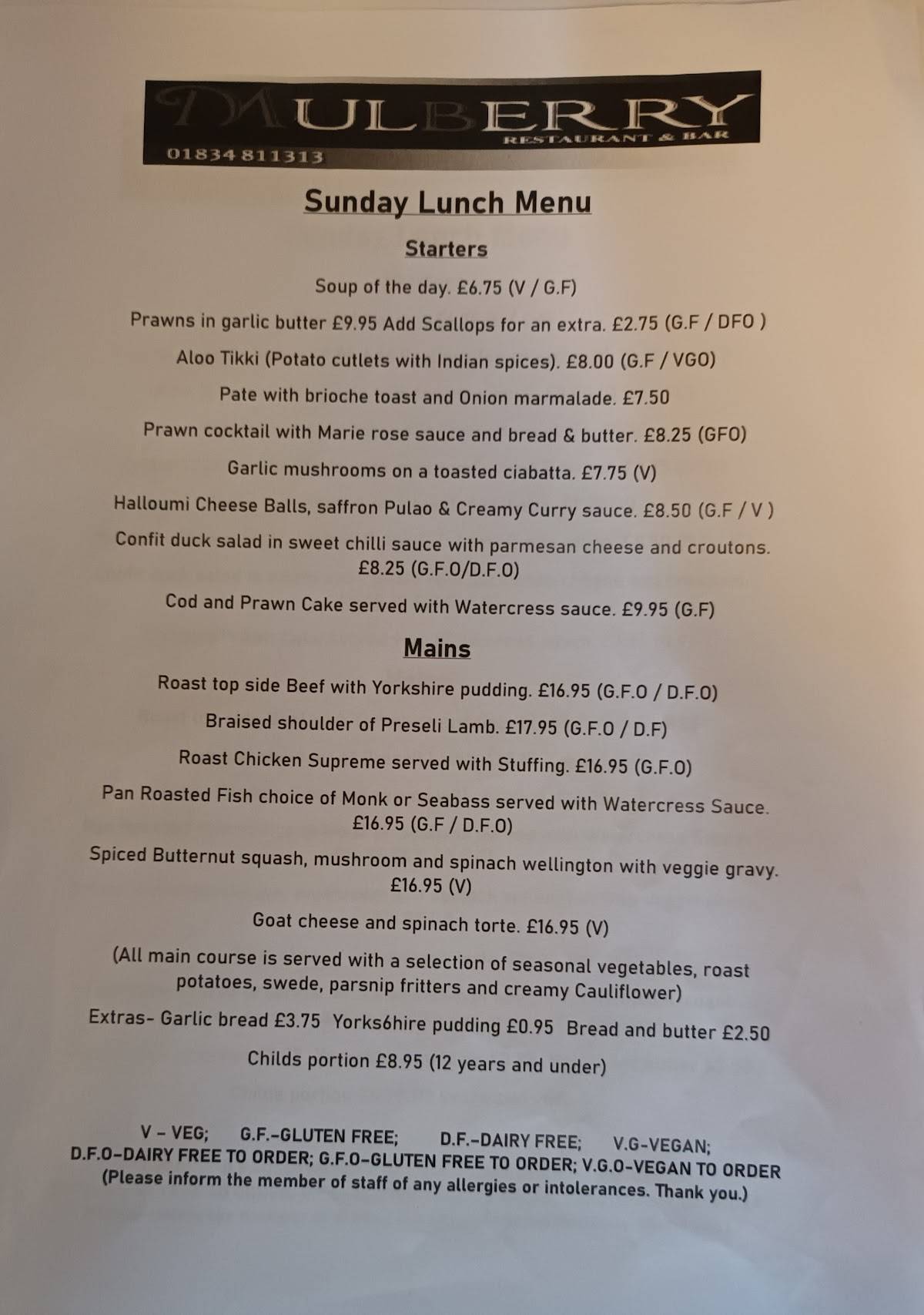 Menu at The Mulberry Restaurant, Saundersfoot
