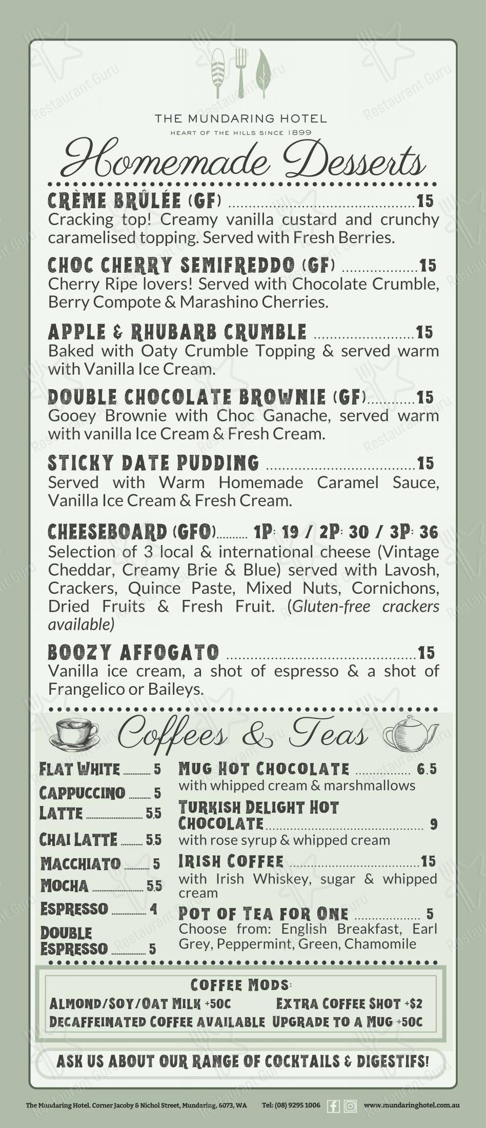 Menu at The Mundaring Hotel pub & bar, Mundaring, Jacoby St
