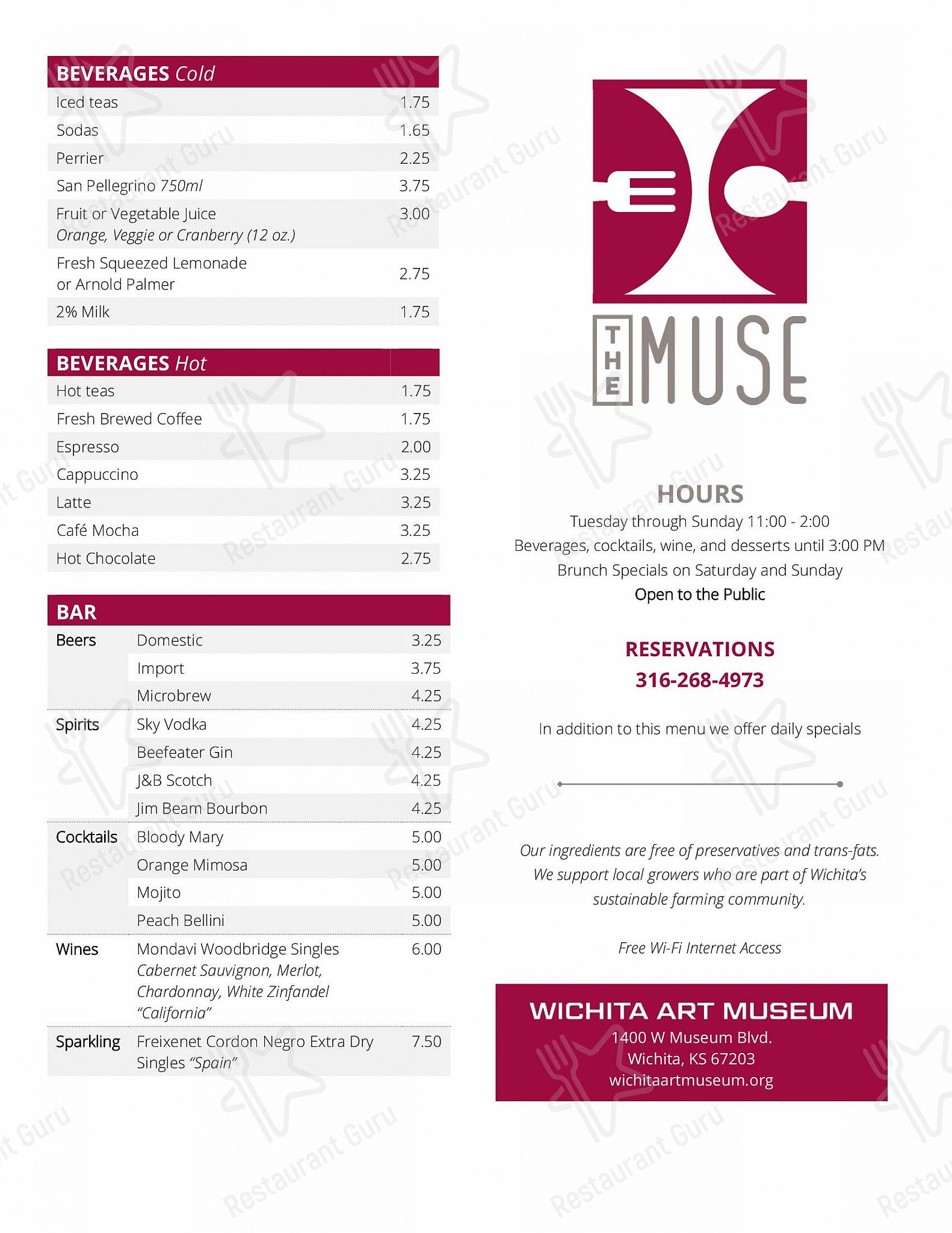 Menu at The Muse restaurant, Wichita