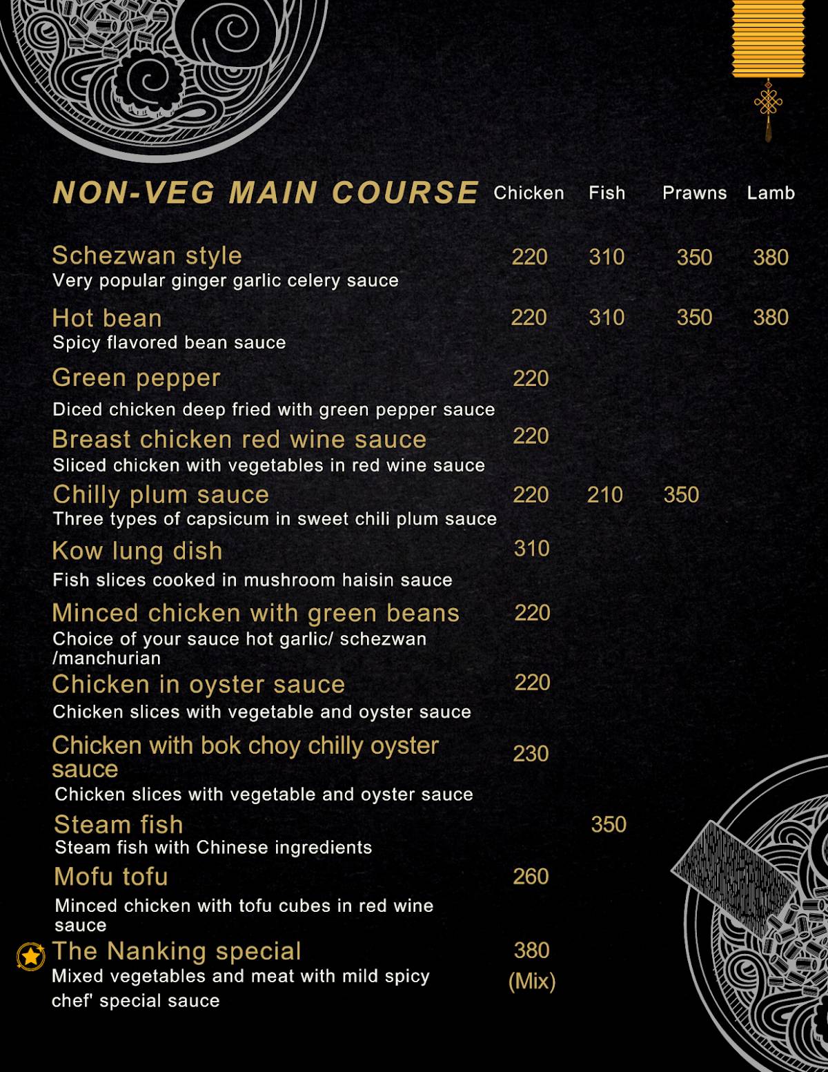 Menu at The Nanking, Mysuru