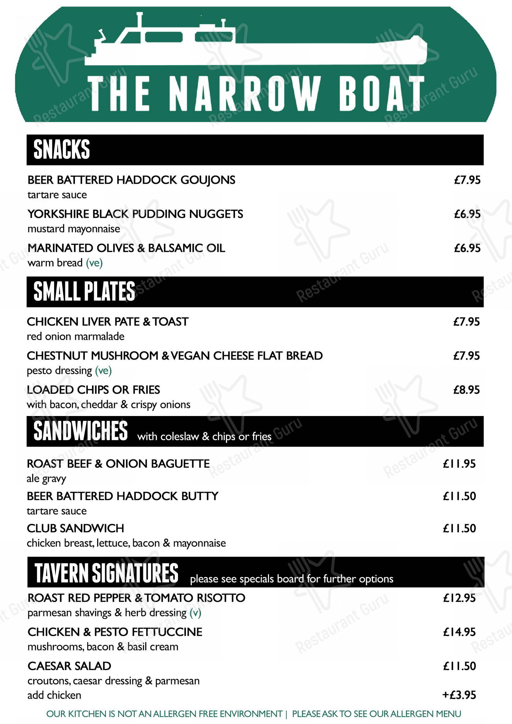 Menu at The Narrow Boat pub & bar, Skipton
