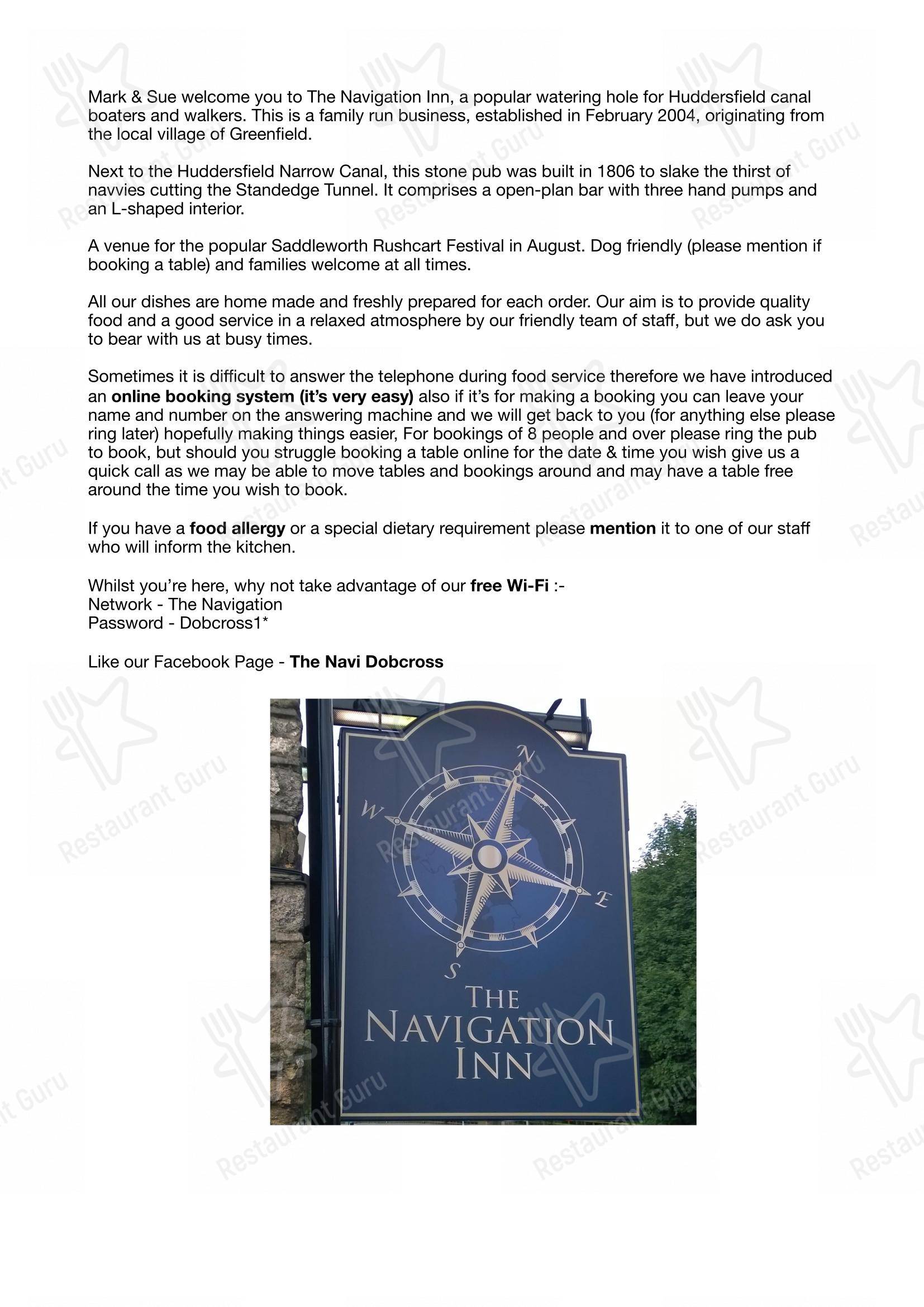 Menu at The Navigation Inn pub & bar, Oldham