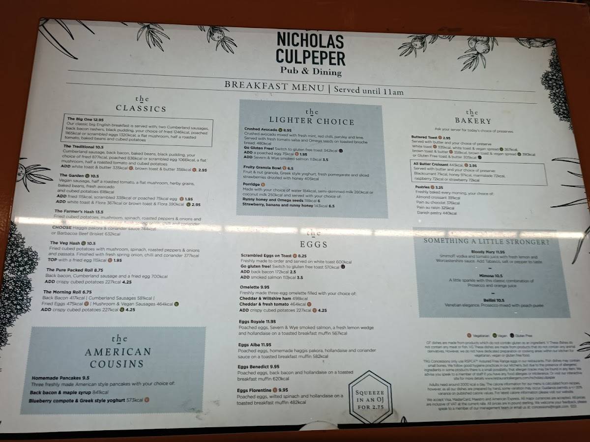 Menu at The Nicholas Culpeper pub & bar, Horley, London Gatwick Airport ...