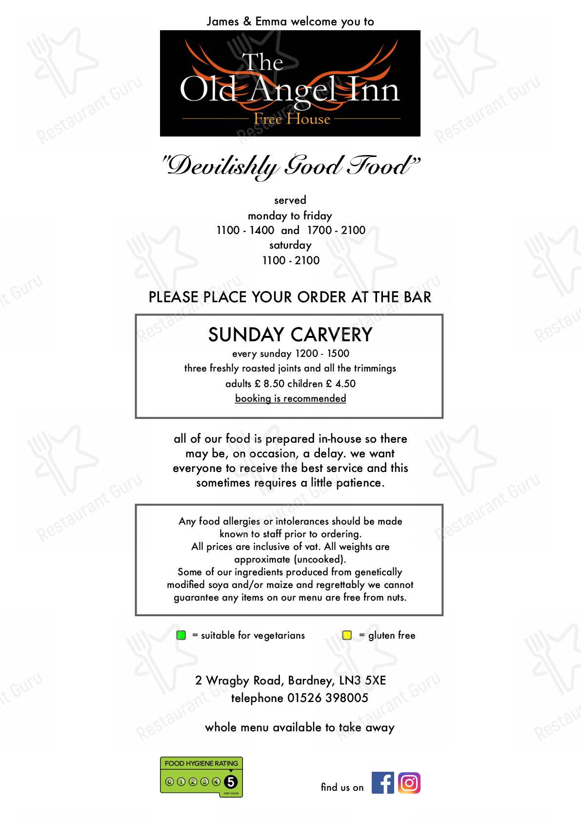 Carta del pub y bar The Old Angel Inn, Bardney