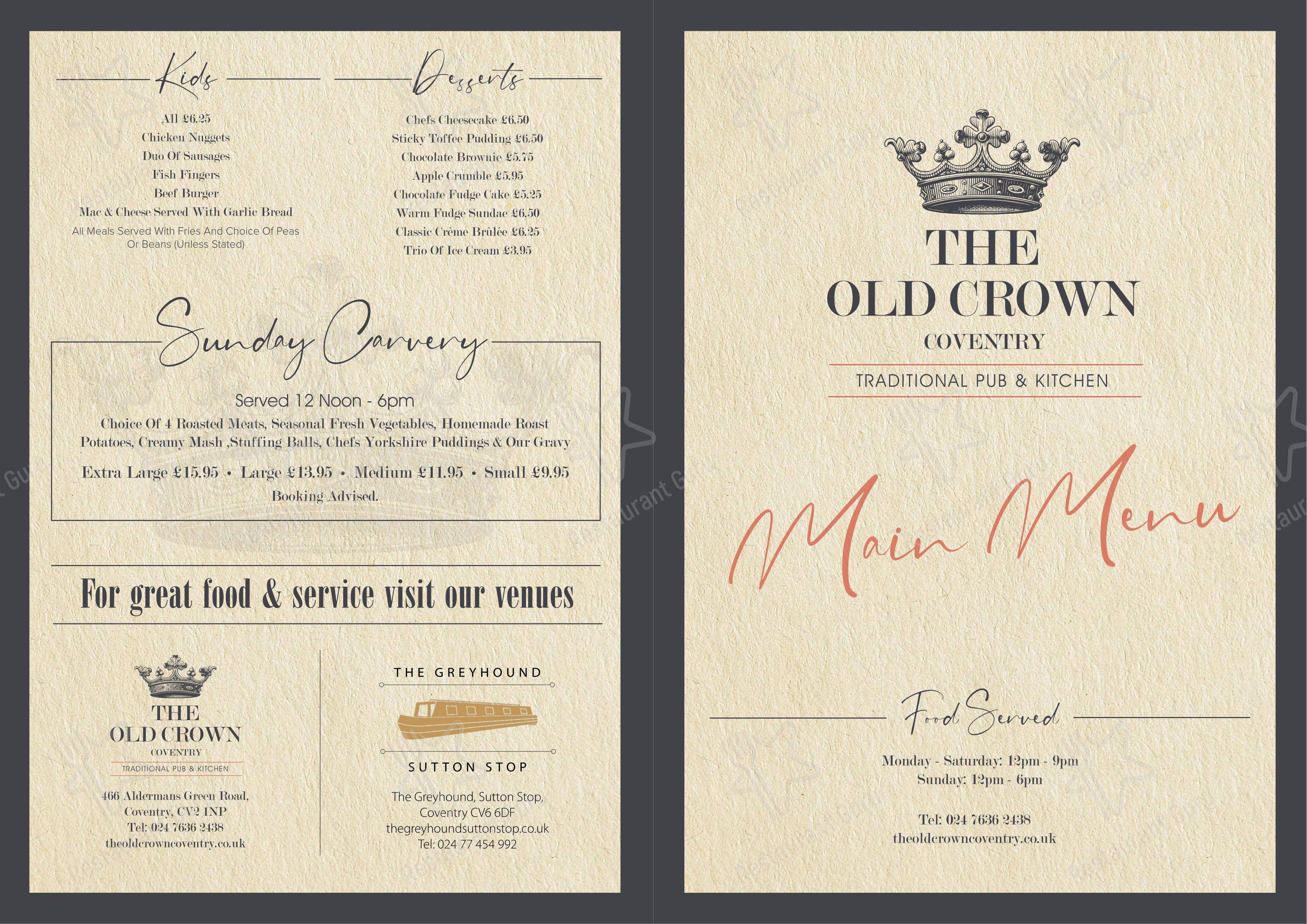 Menu at The Old Crown pub & bar, Coventry, 466 Aldermans Green Rd