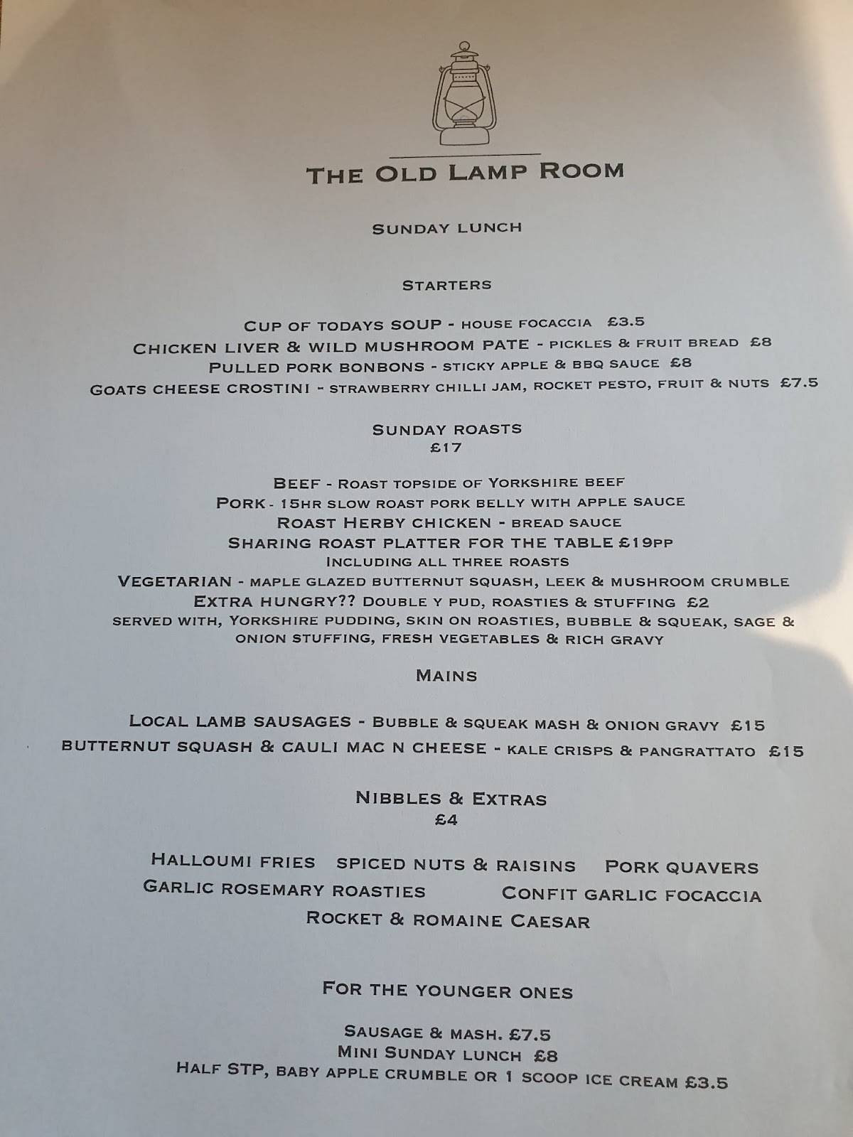 Menu at The Old Lamp Room cafe, Cottingham