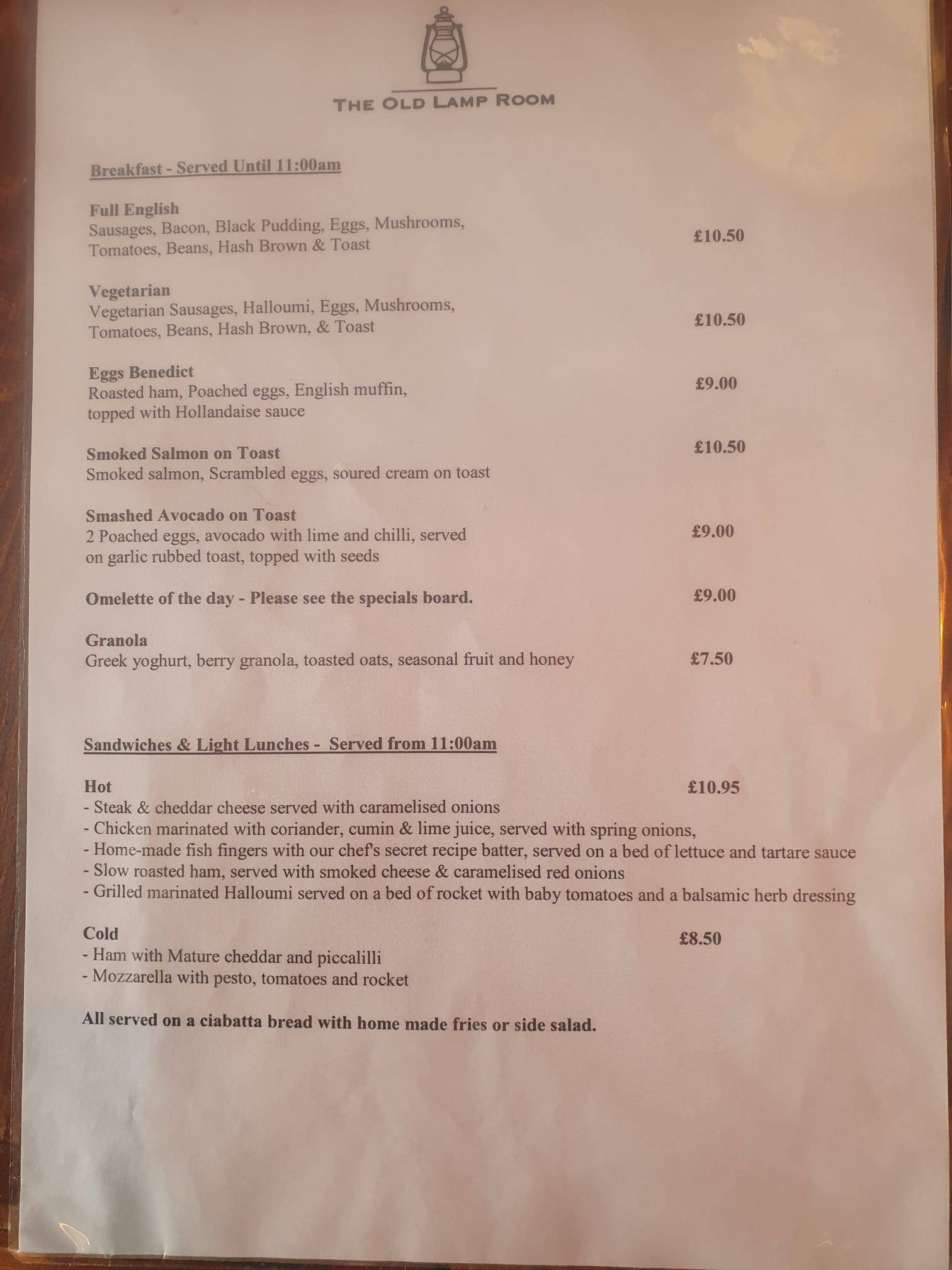 Menu at The Old Lamp Room cafe, Cottingham