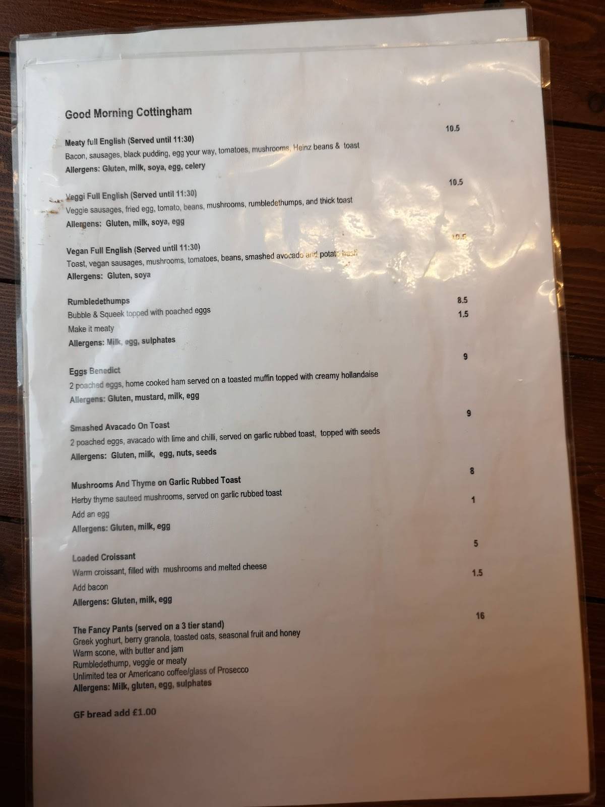 Menu at The Old Lamp Room cafe, Cottingham