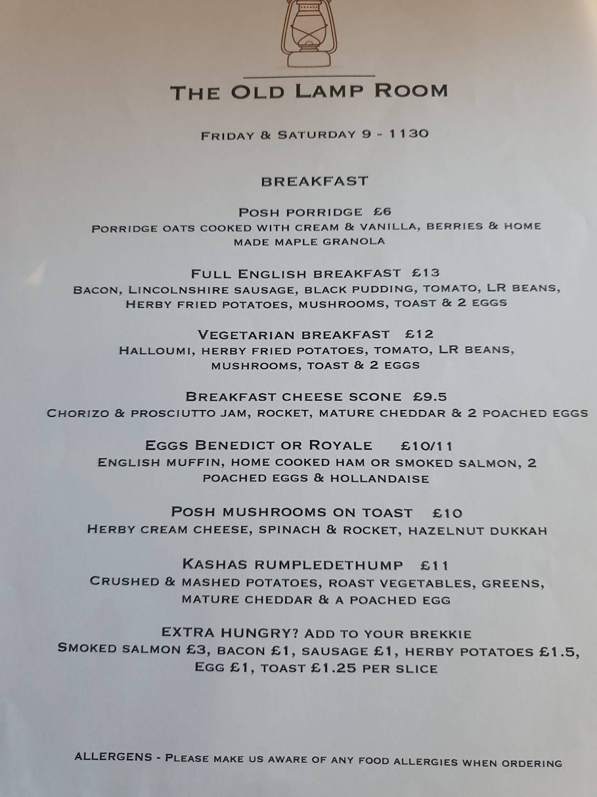 Menu at The Old Lamp Room cafe, Cottingham