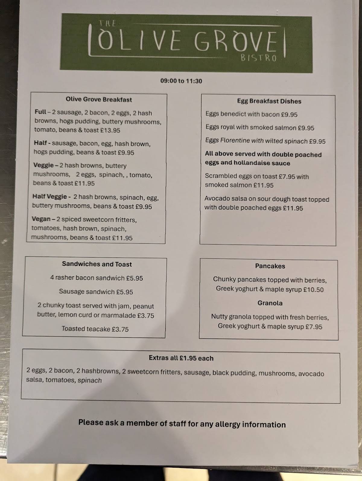 Menu at The Olive Grove Bistro restaurant, Carnon Downs