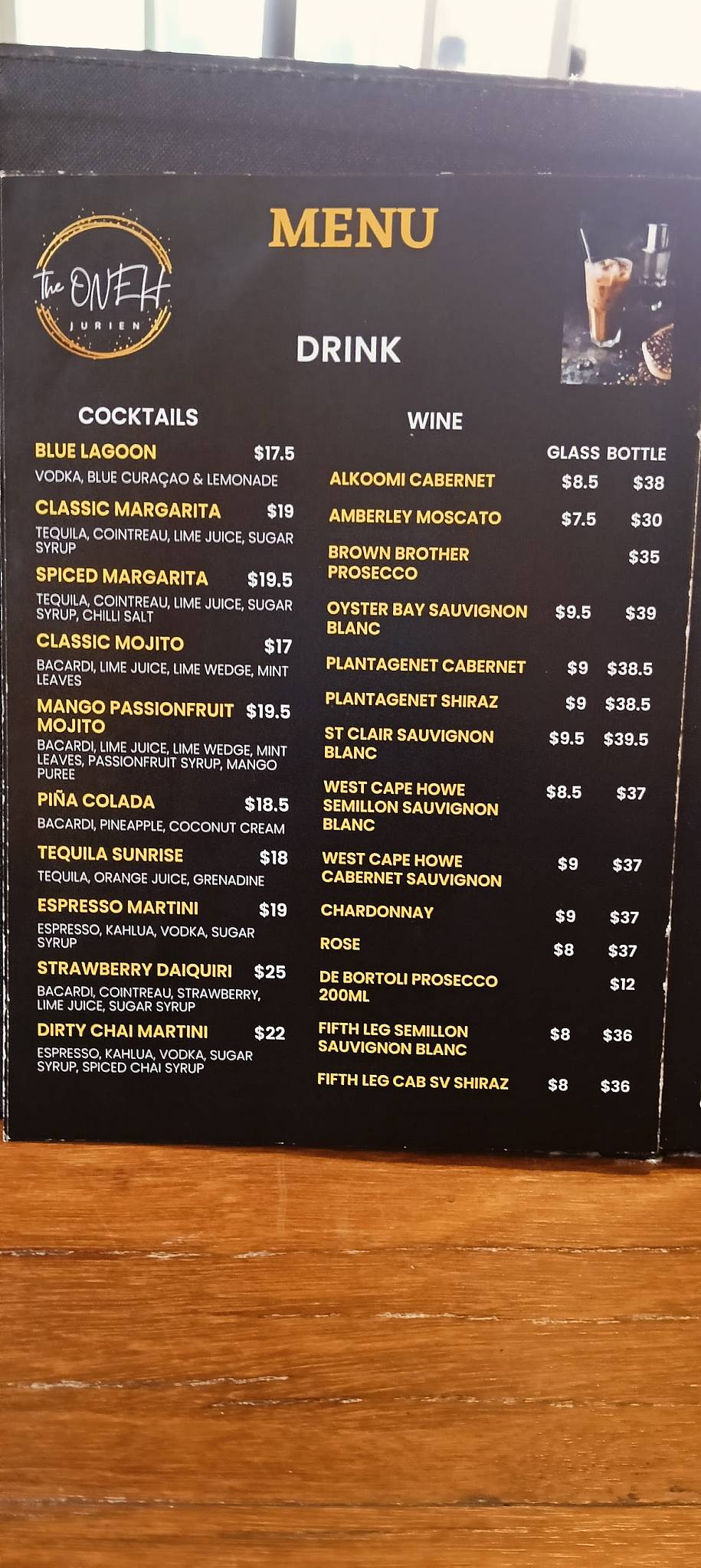 Menu at The Oneh Jurien restaurant, Jurien Bay