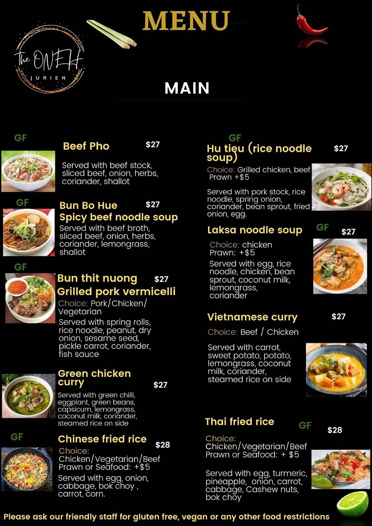 Menu at The Oneh Jurien restaurant, Jurien Bay