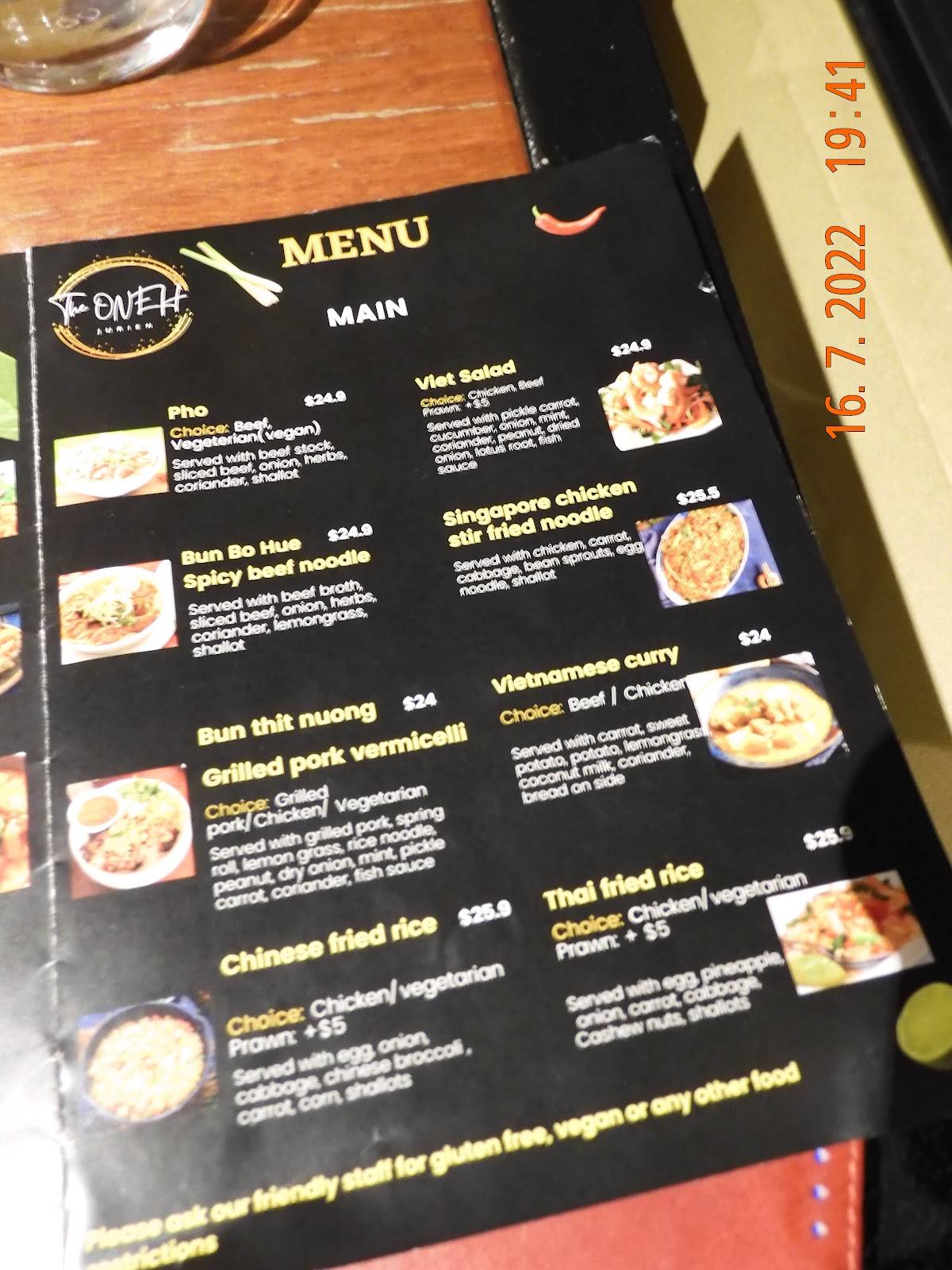 Menu at The Oneh Jurien restaurant, Jurien Bay