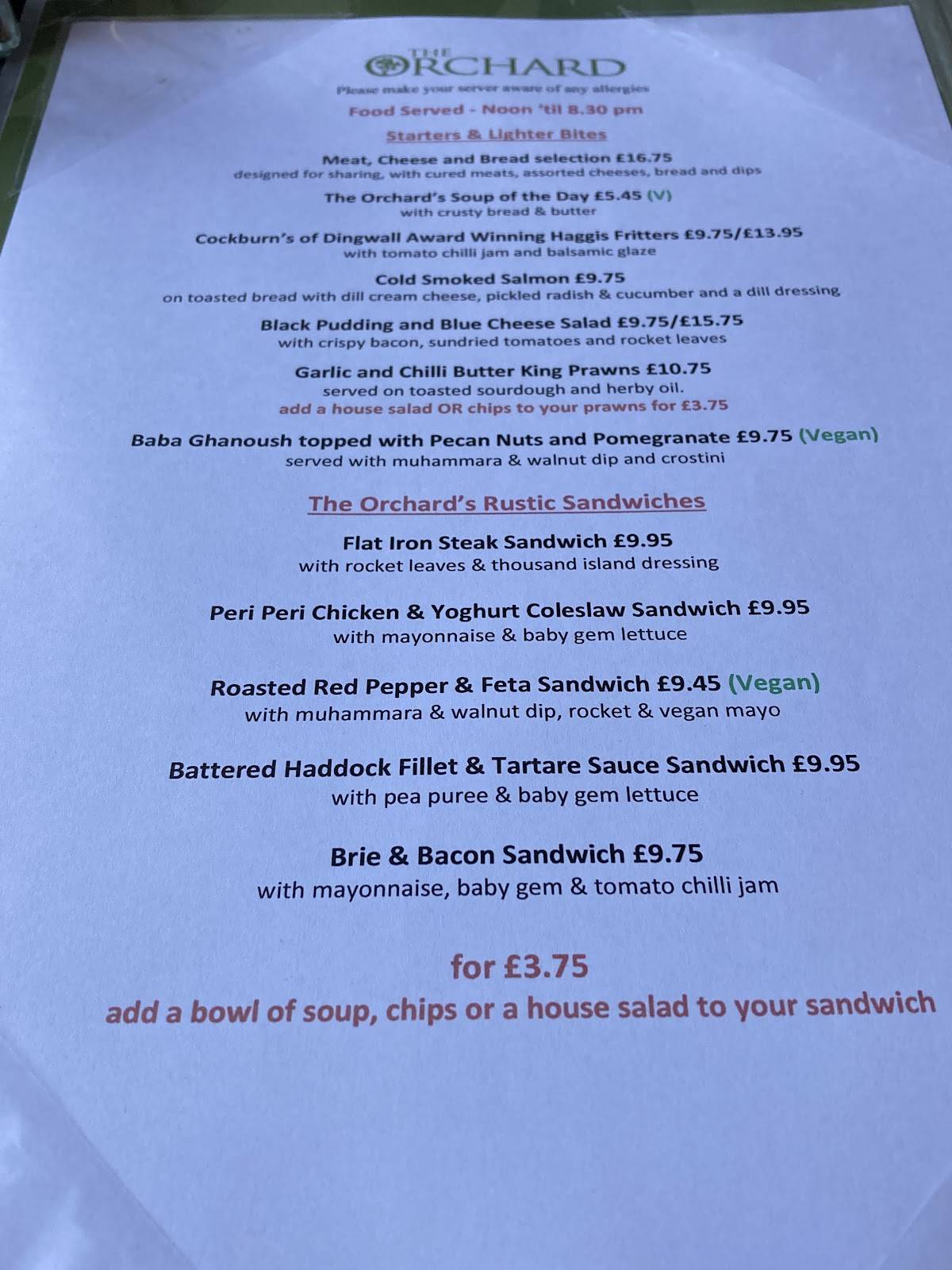 Menu at The Orchard Bar & Restaurant, Edinburgh