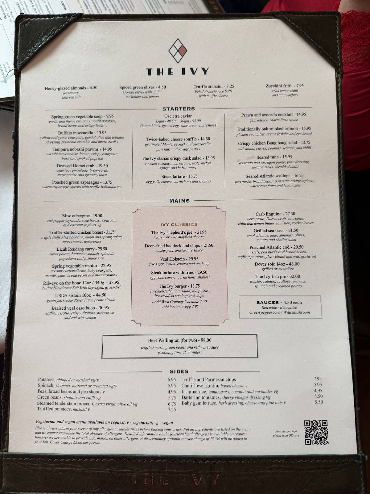 Menu at The Original Ivy, West End restaurant, London, 1-5 West St