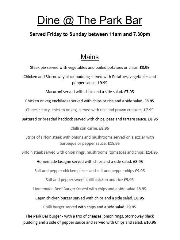 Menu at The Park Bar, Clydebank, 421-423 Dumbarton Rd