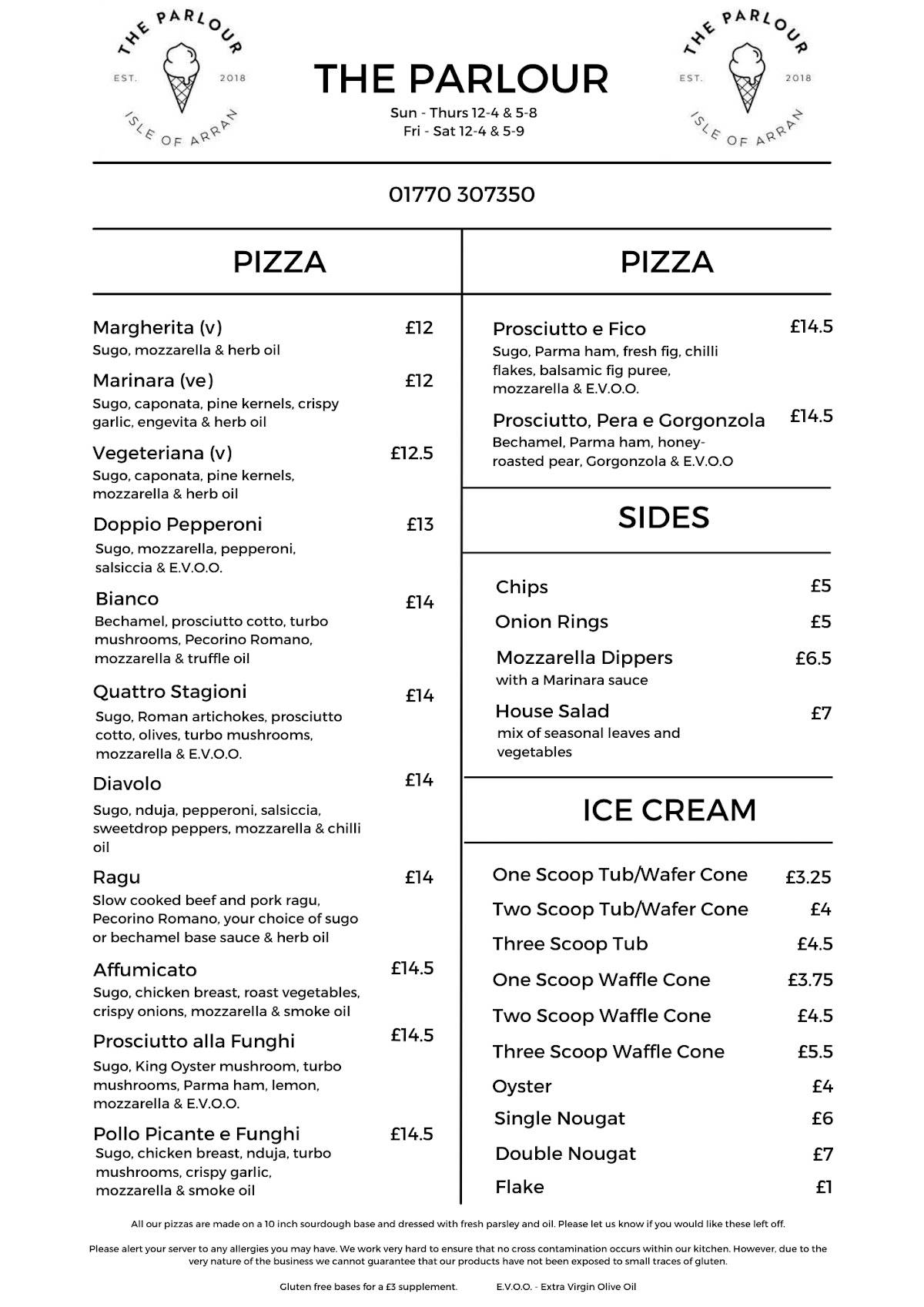 Menu at The Parlour pizzeria, Brodick