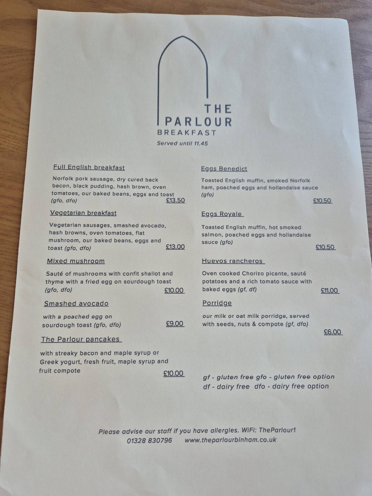 Menu at The Parlour cafe, Binham