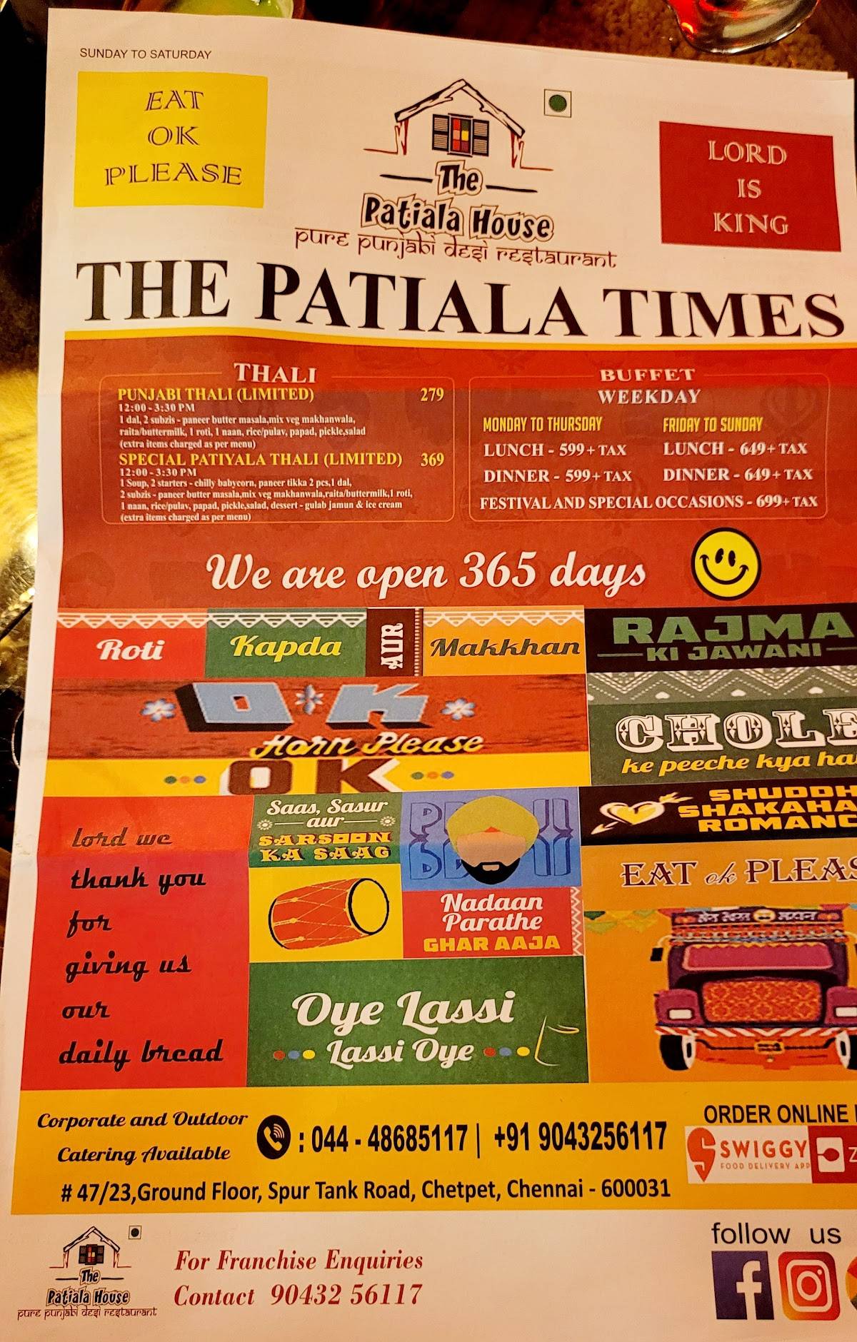Menu at The Patiala House, Chennai, Ground Floor