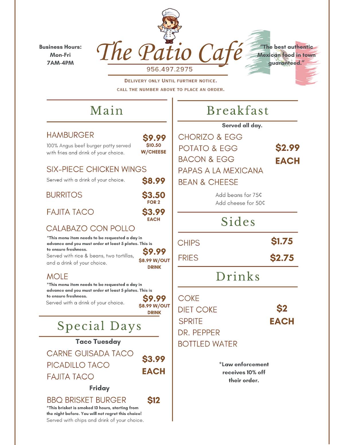 Menu at The Patio Café restaurant, Mercedes