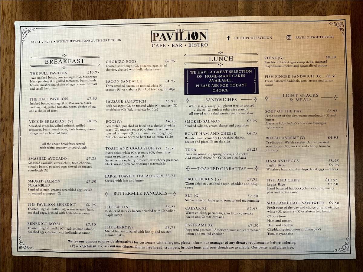 Menu at The Pavilion Cafe Bar Bistro Southport, Southport