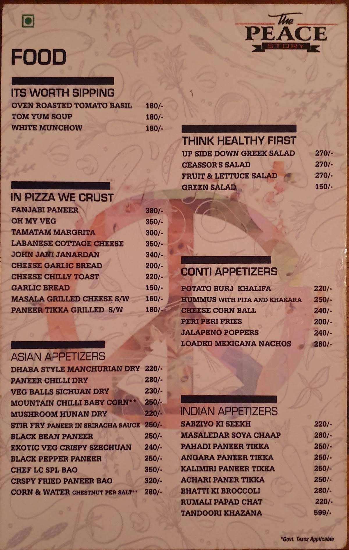 Menu at The Peace Story, Mumbai