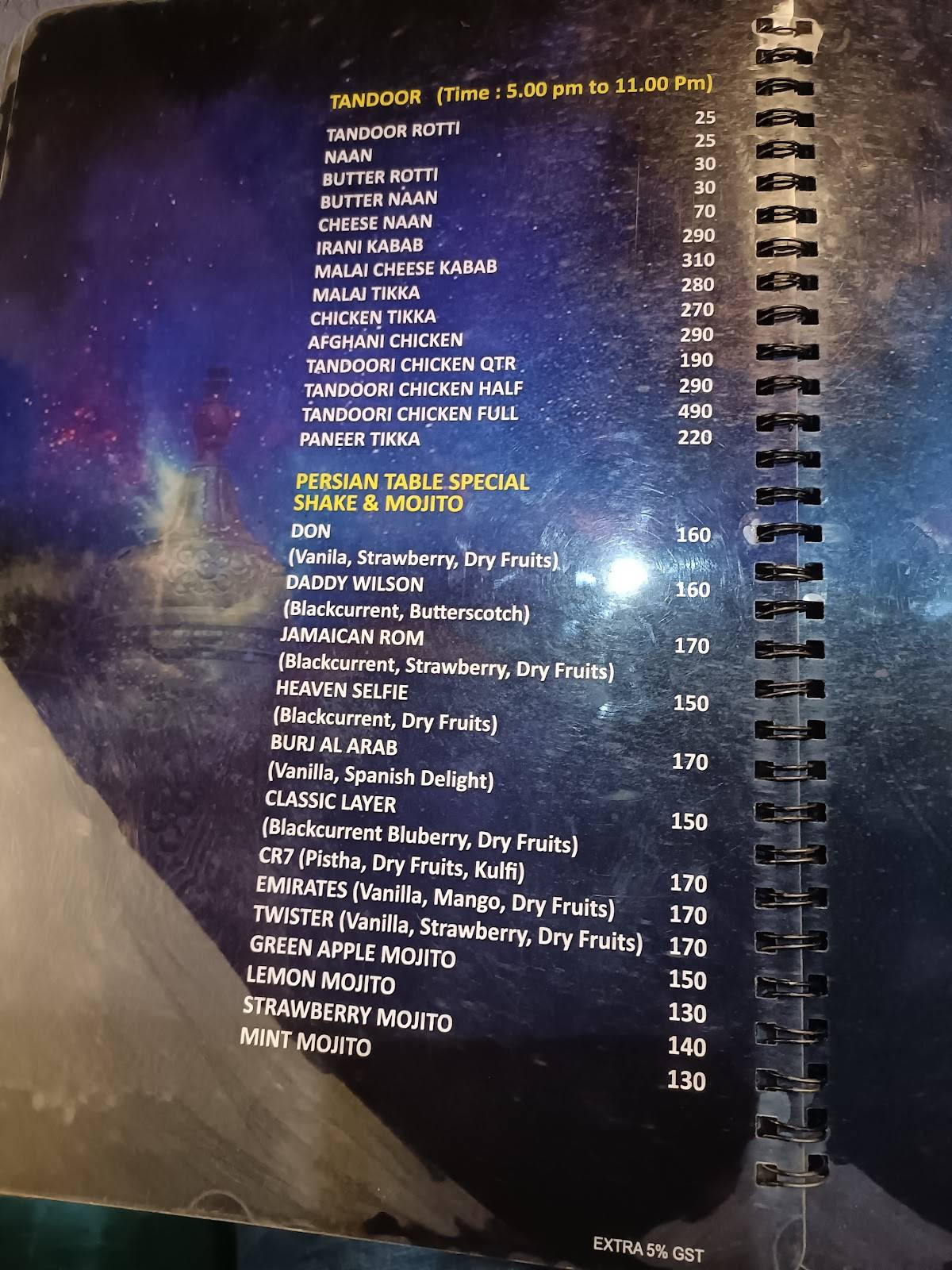 Menu at The Persian Table, Vadayampady