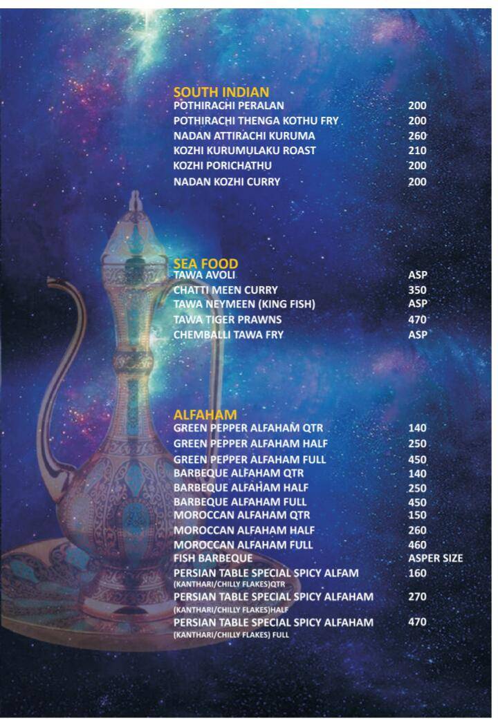 Menu at The Persian Table, Vadayampady