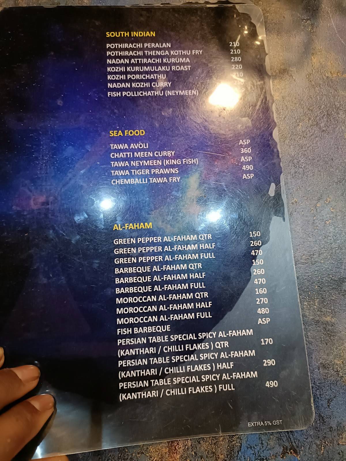 Menu at The Persian Table, Vadayampady