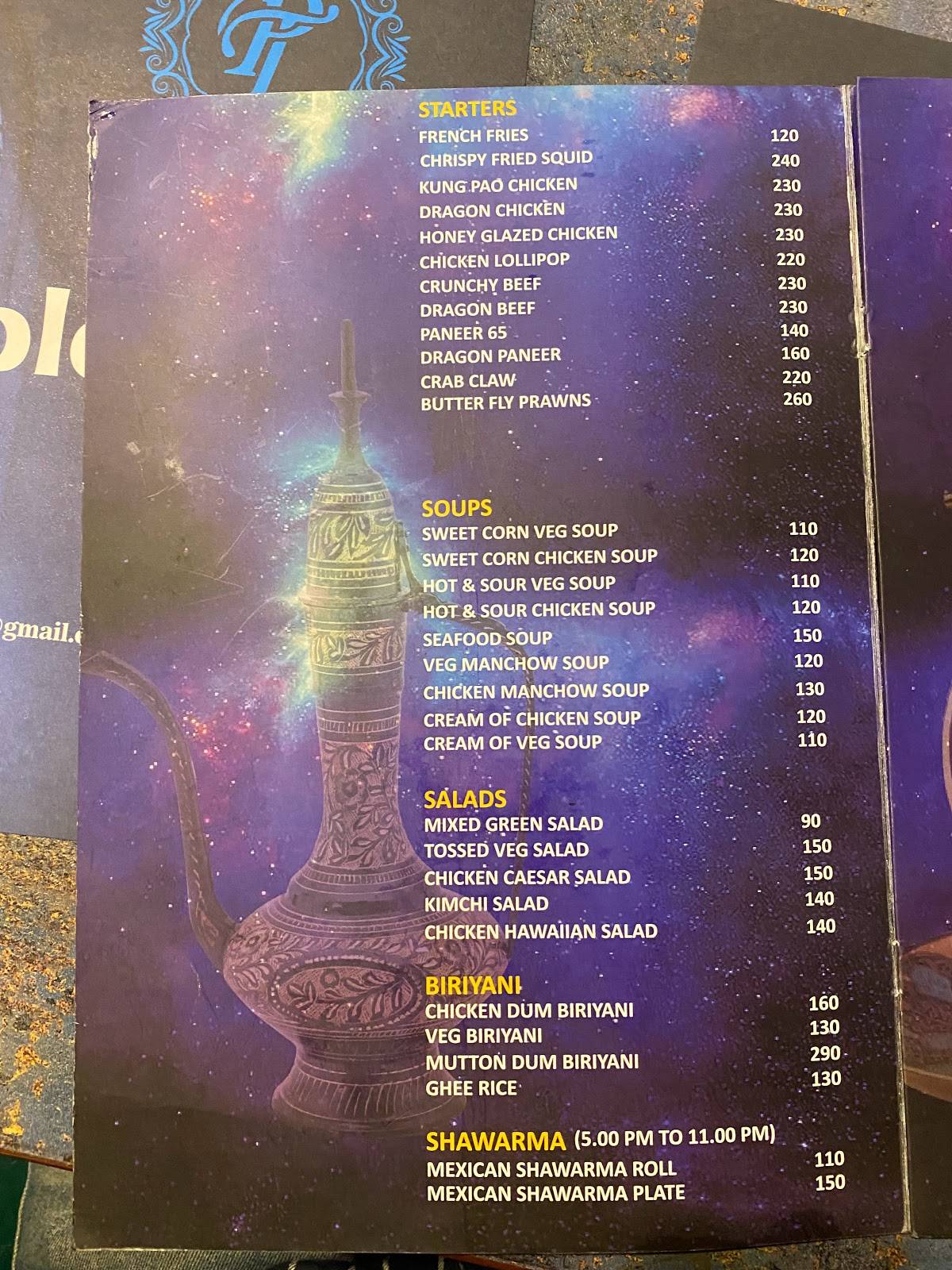 Menu at The Persian Table, Vadayampady