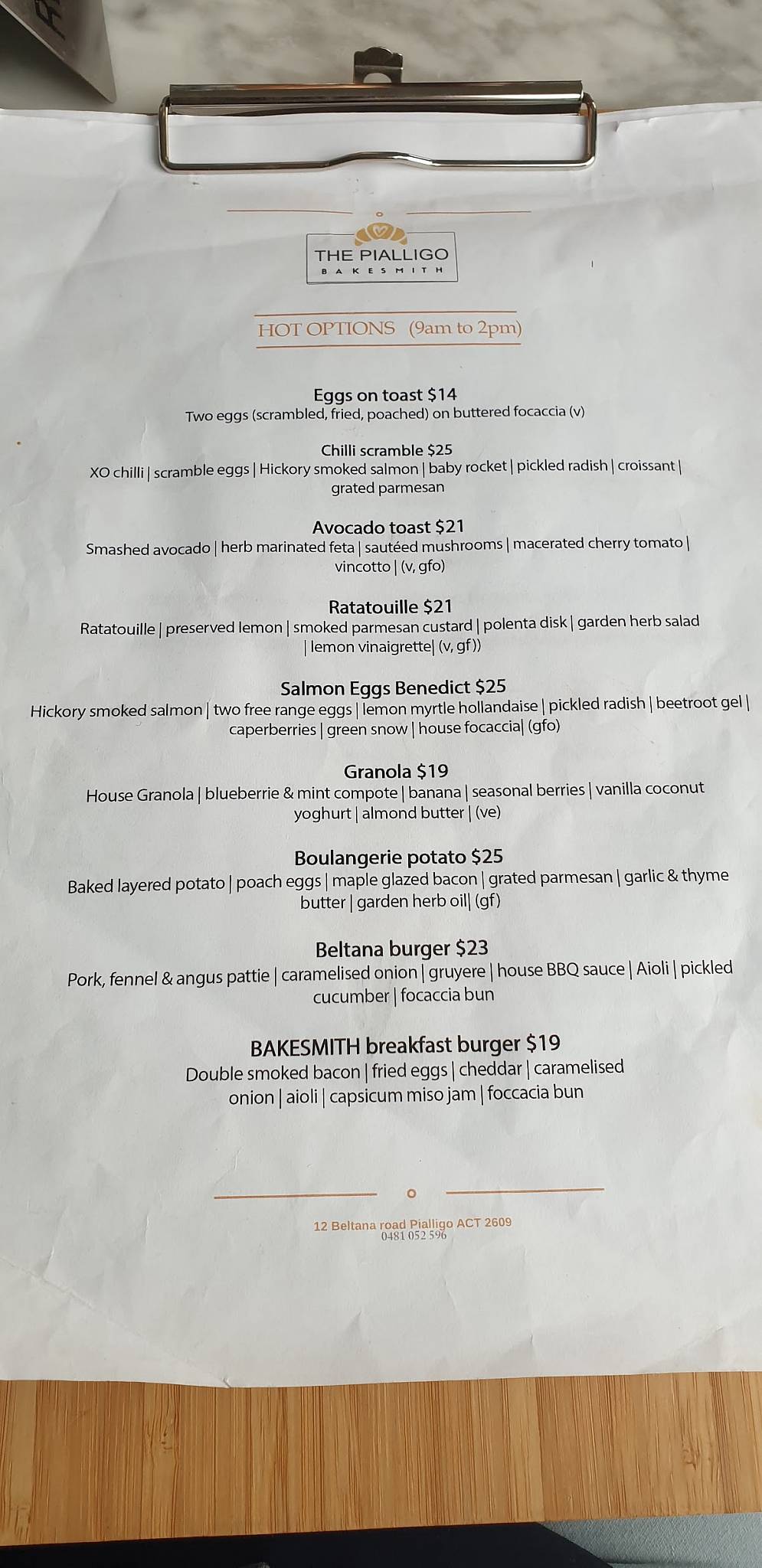 Menu at The Pialligo Bakesmith cafe, Pialligo