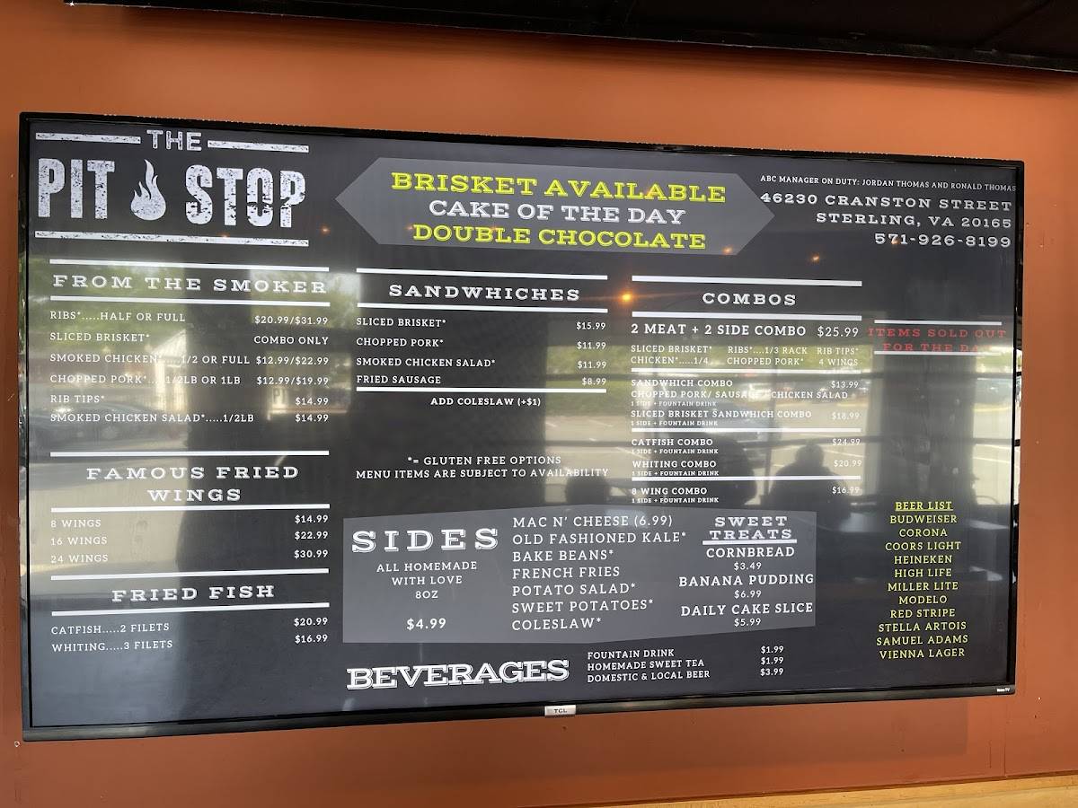 Menu at The Pit Stop Barbecue, Sterling