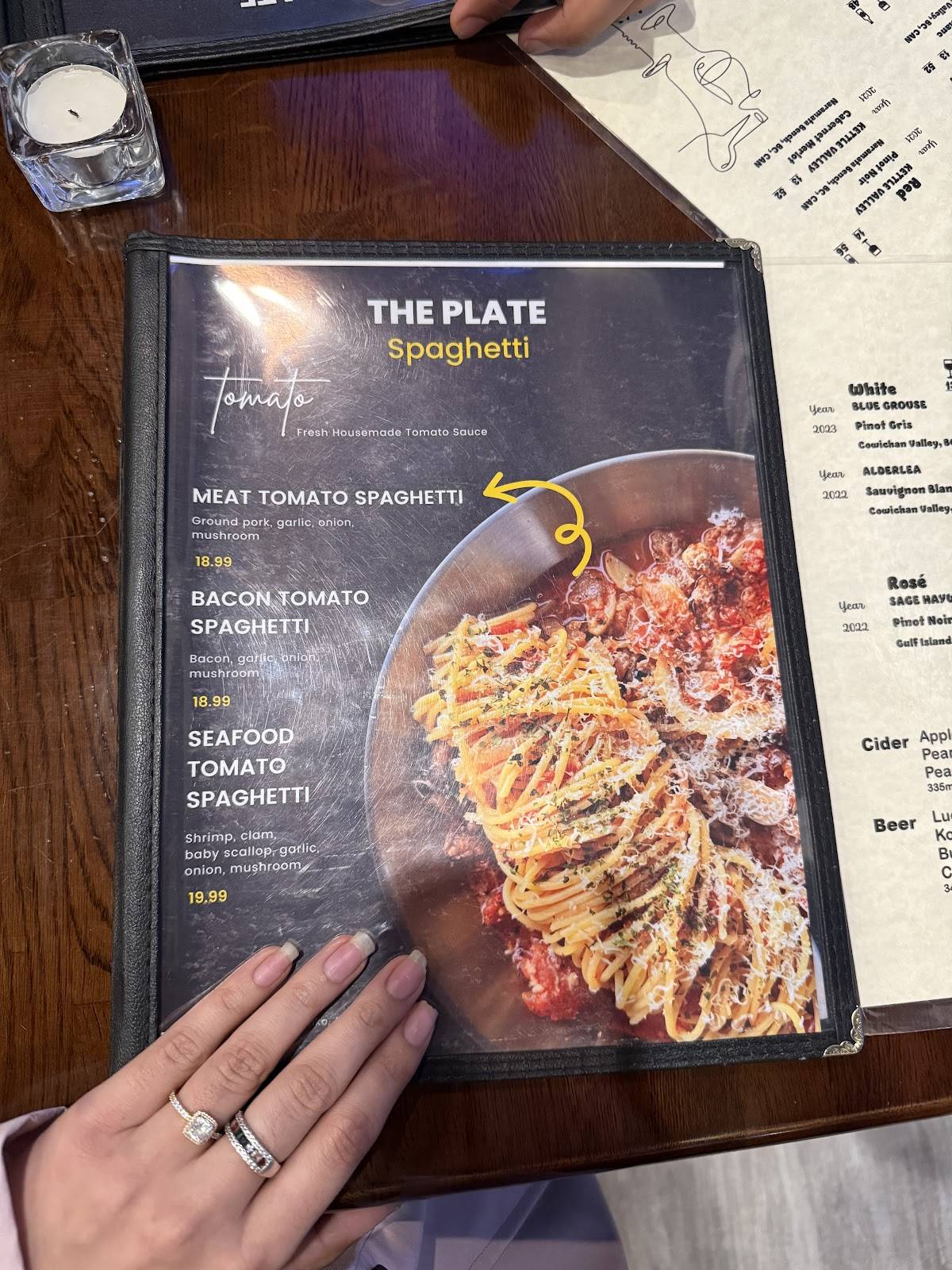 Menu at The Plate restaurant, Nanaimo