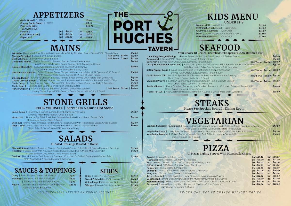 Menu at The Port Hughes Tavern restaurant, Port Hughes