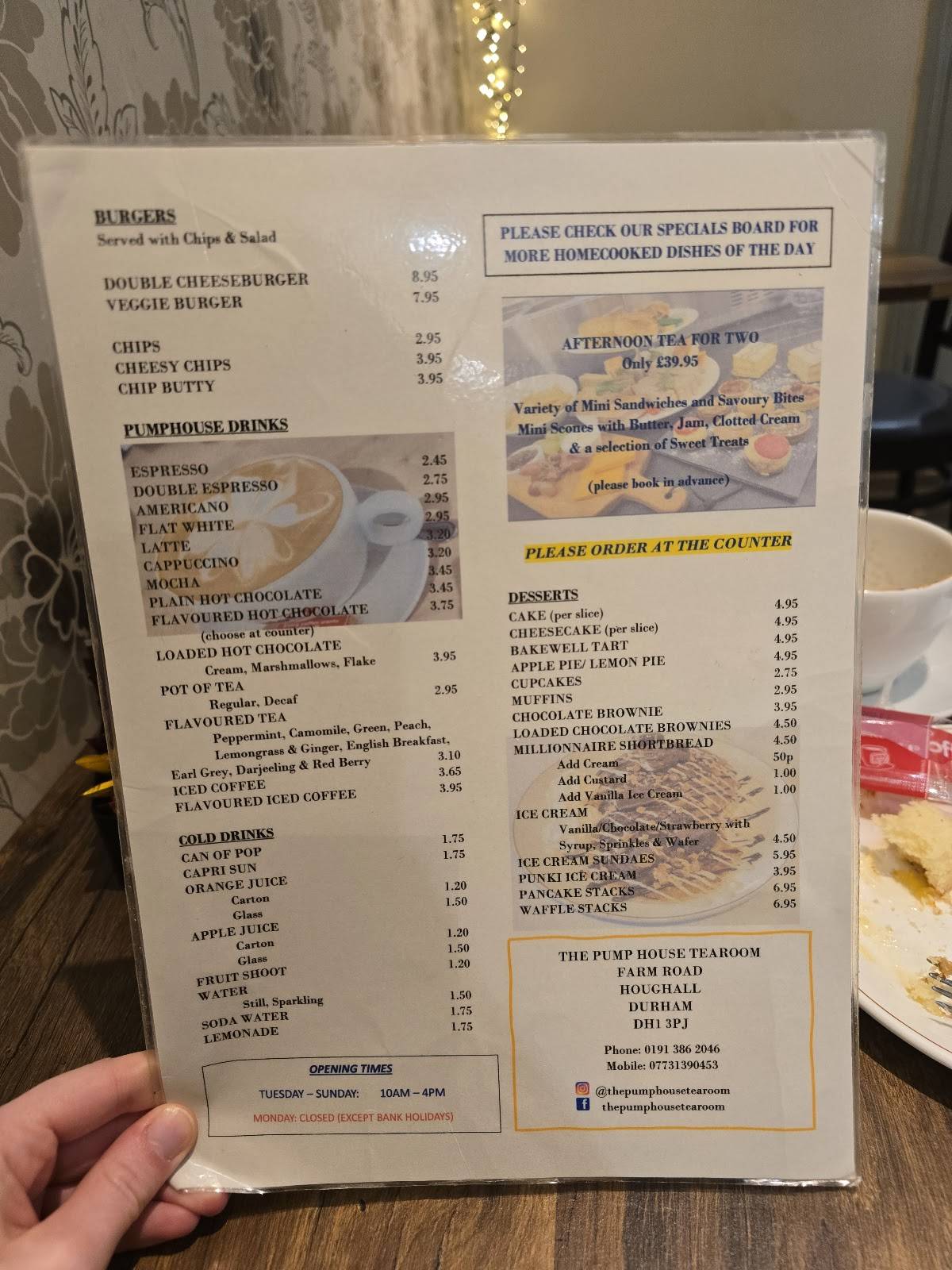 Menu at The Pump House Tea Room cafe, Durham